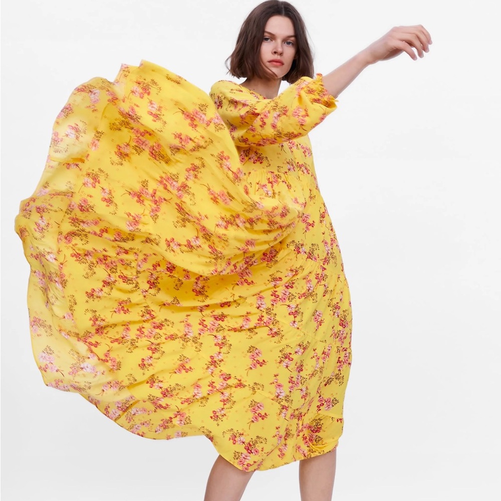 Zara Yellow Floral Tiered Midi Dress - Gem